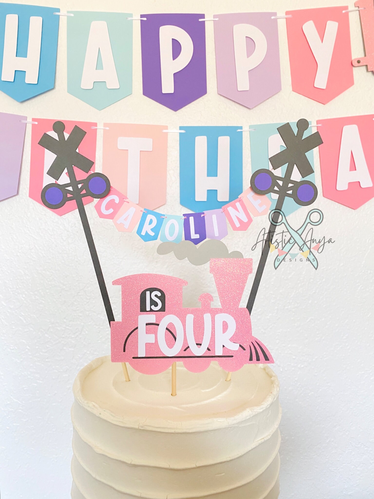 Cute Railroad Cake Bunting Topper With Vintage Glitter Pink Train Cake ...