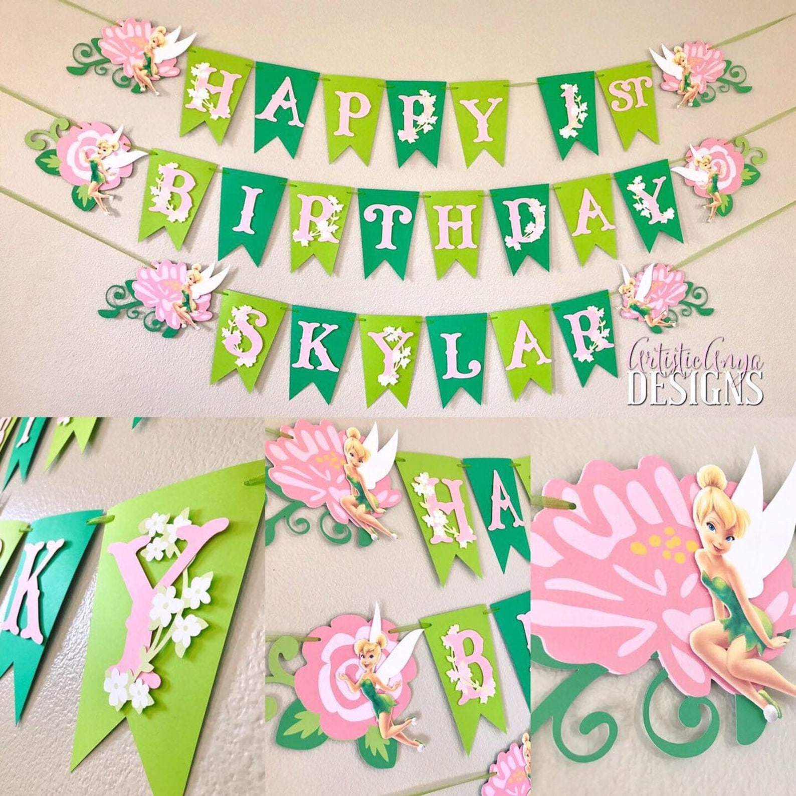 Tinkerbell Happy Birthday Banner - Floral Fairy Birthday Party - Pink ...