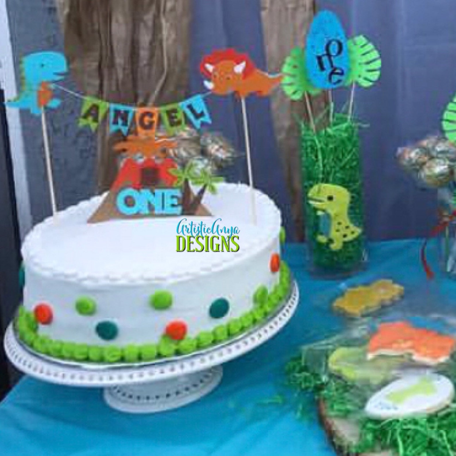 Dinosaur Cake Bunting Topper With Volcano Cake Topper- (2 Pc Set) Dino ...