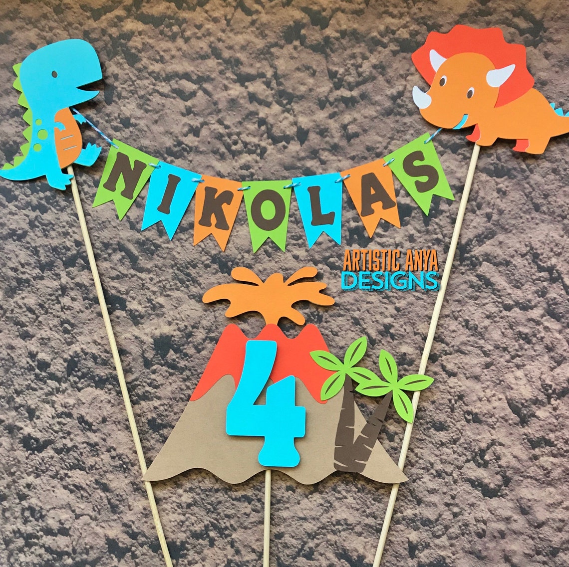 Dinosaur Cake Bunting Topper With Volcano Cake Topper- (2 Pc Set) Dino ...