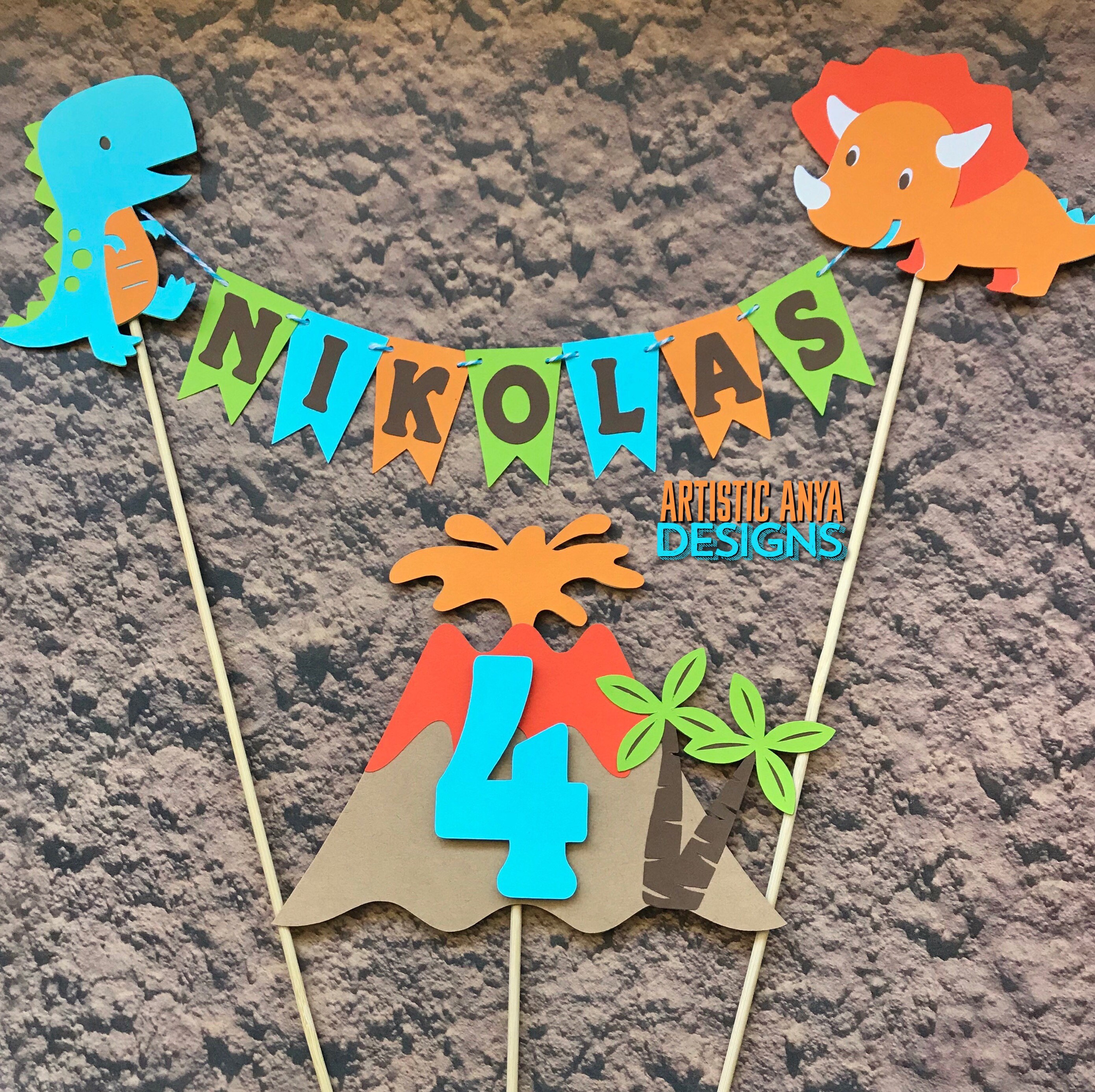 Dinosaur Cake Bunting Topper With Volcano Cake Topper- (2 Pc Set) Dino ...