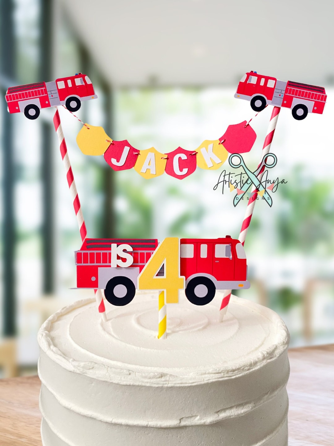 Fire Truck Cake Bunting Topper and Mini Age Fire Truck Cake Topper (2 ...