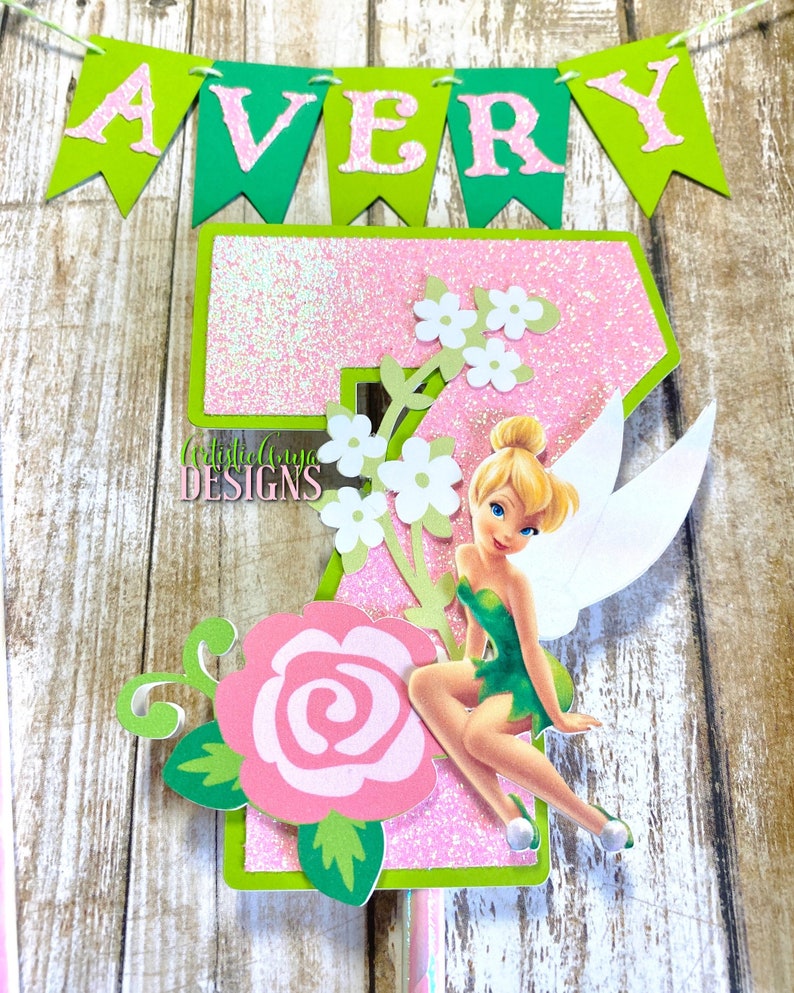Tinkerbell Cake Bunting Topper With Floral Age Glitter Cake Topper ...