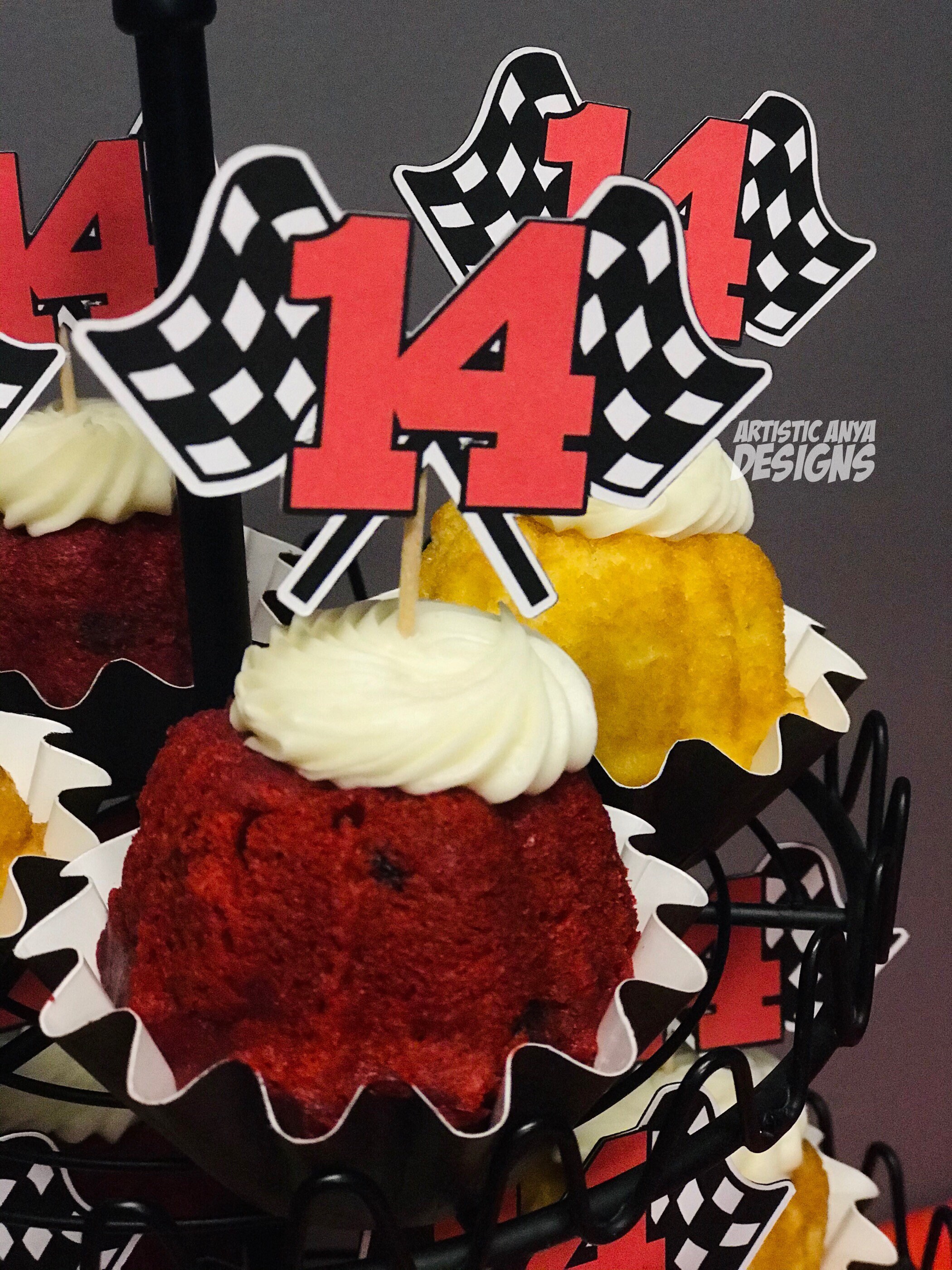 Racing Checkered Flag with Birthday Age Cupcake Toppers Set of | Etsy