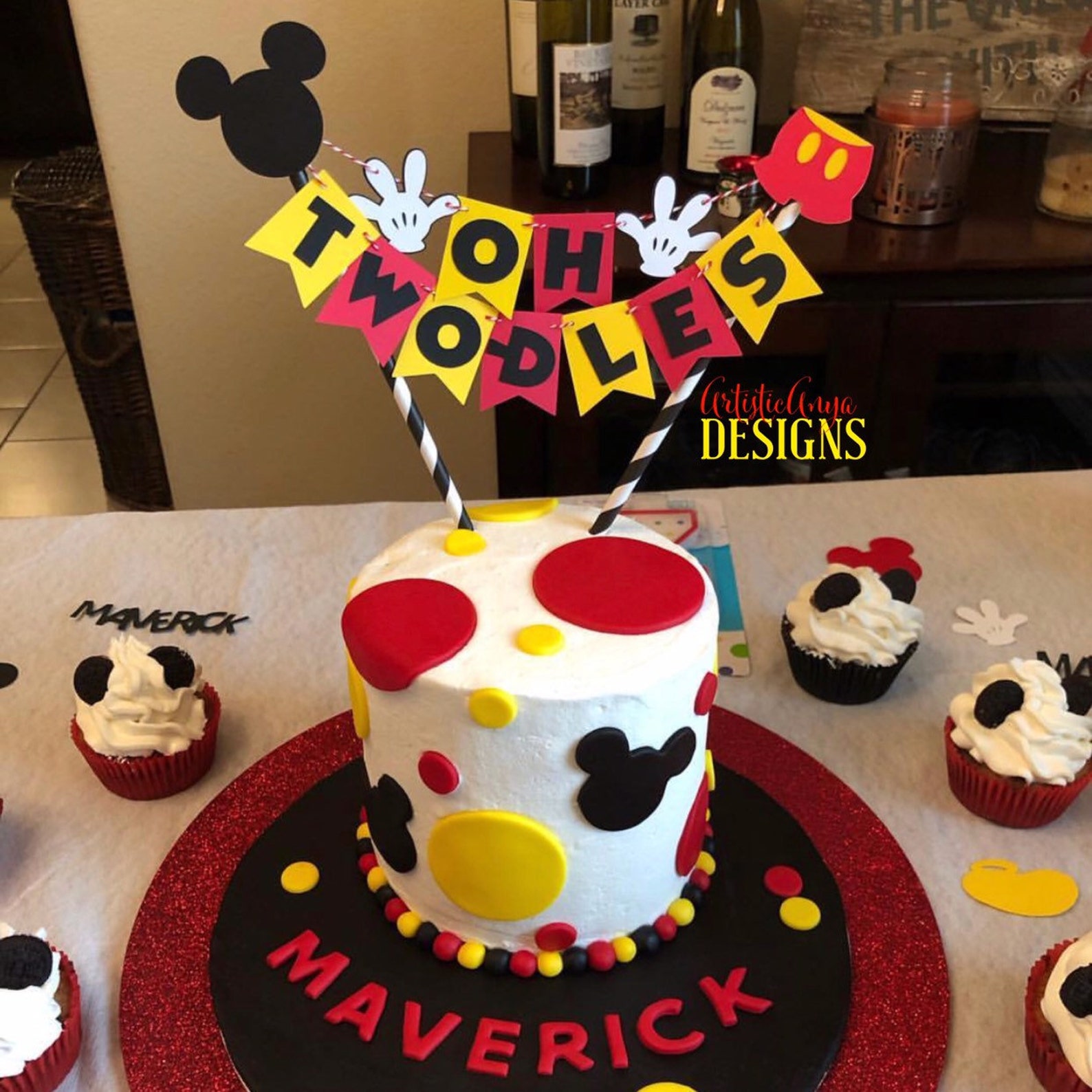 Mickey Mouse Birthday Age Cake Bunting Topper Oh Two-dles Smash Cake ...
