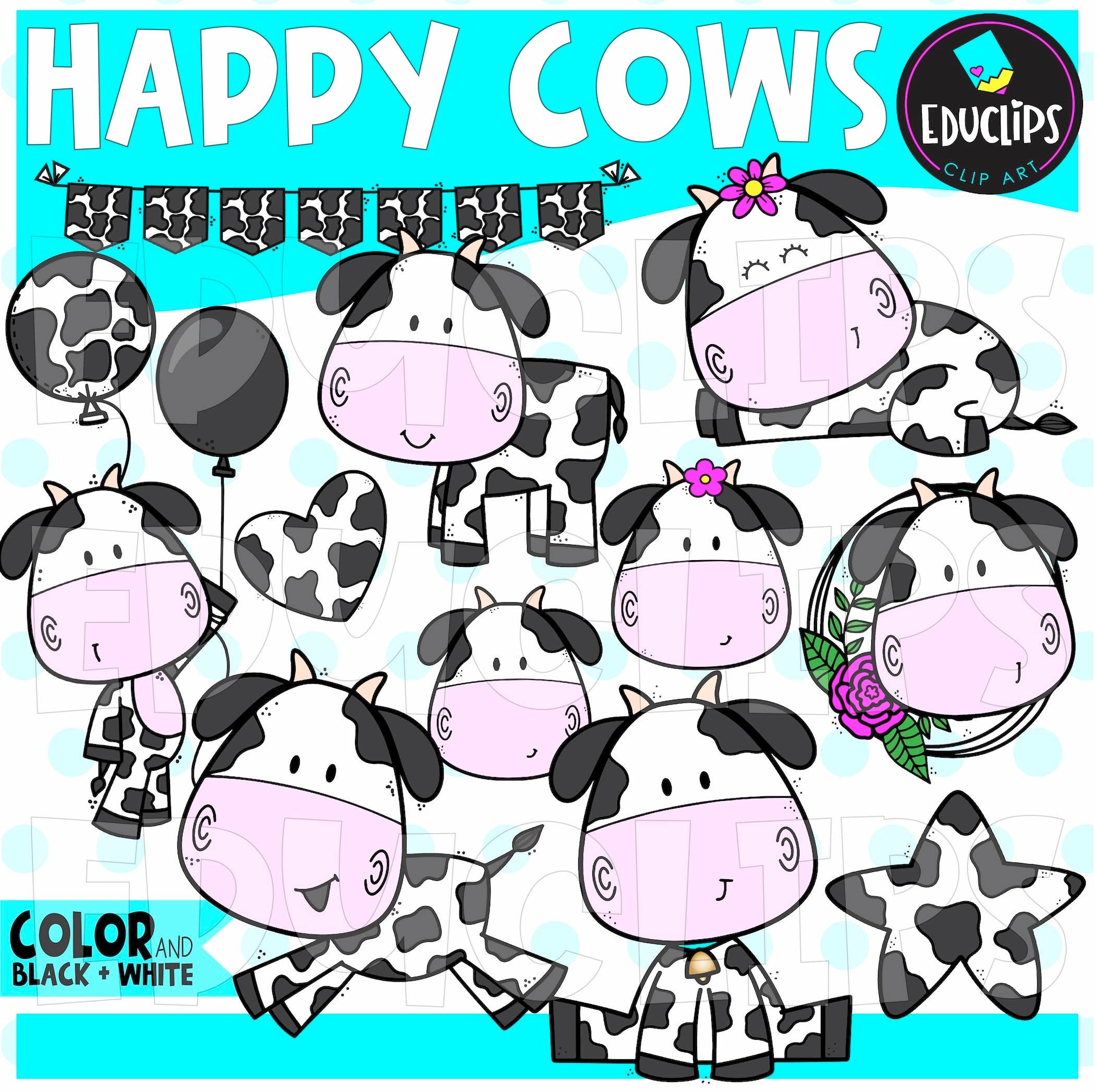 Happy Cows Clip Art, Cow Images, Farm Animal Graphics, COMMERCIAL USE ...