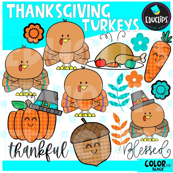 Thanksgiving Turkeys Clip Art Set November Graphics Food | Etsy