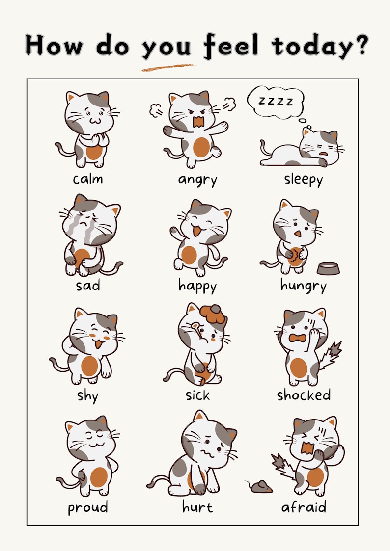 Cat Feelings Poster: Classroom Emotions, Neutral & Pastel (digital ...