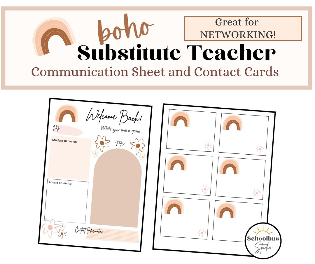 Boho Substitute Teacher Welcome Back and Contact Cards, Instant ...