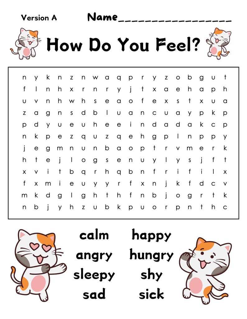 Childrens Feelings Word Search and Matching Printable Worksheet ...
