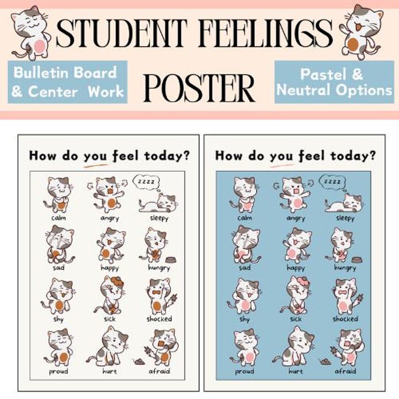 Cat Feelings Poster: Classroom Emotions, Neutral & Pastel (digital ...
