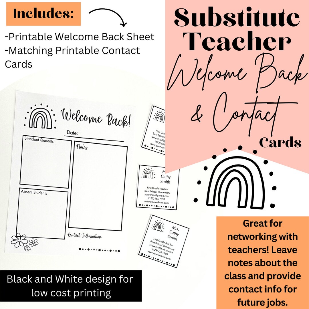Printable Substitute Teacher Communication Sheet and Contact Cards - Etsy