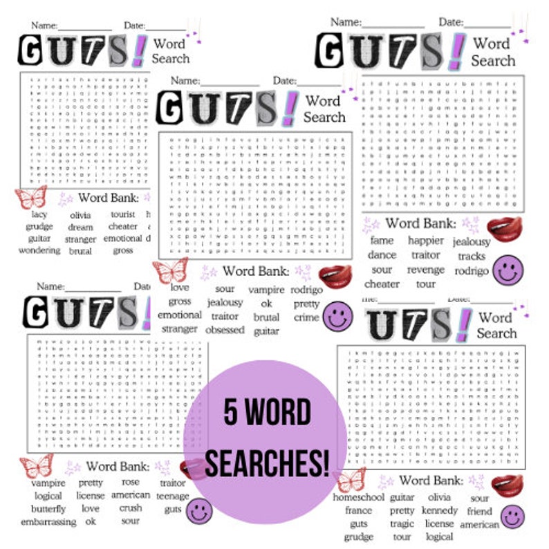 Olivia Rodrigo Party Game Word Search Set, Guts Party Game, Sour Tour ...