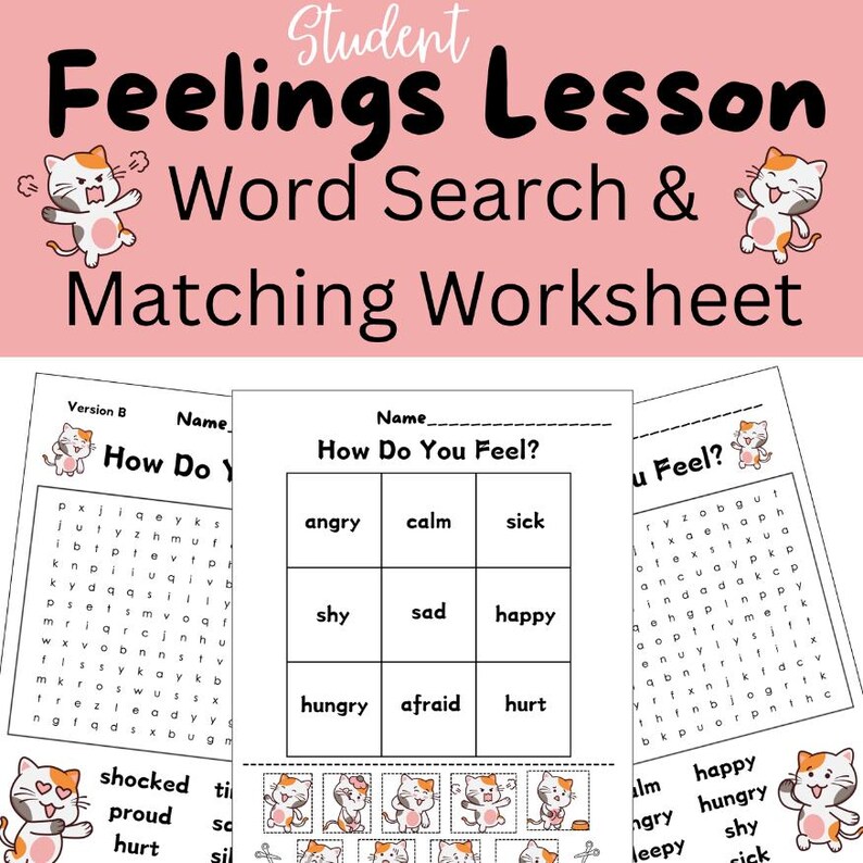 Childrens Feelings Word Search and Matching Printable Worksheet ...