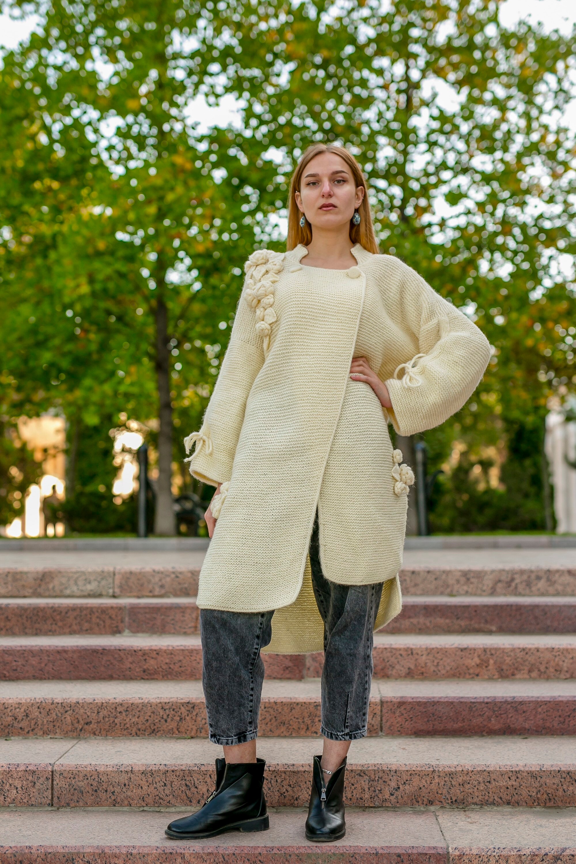 Milk Color Handmade Boho Coat, Knitted Coat, Womens Clothing, Women ...