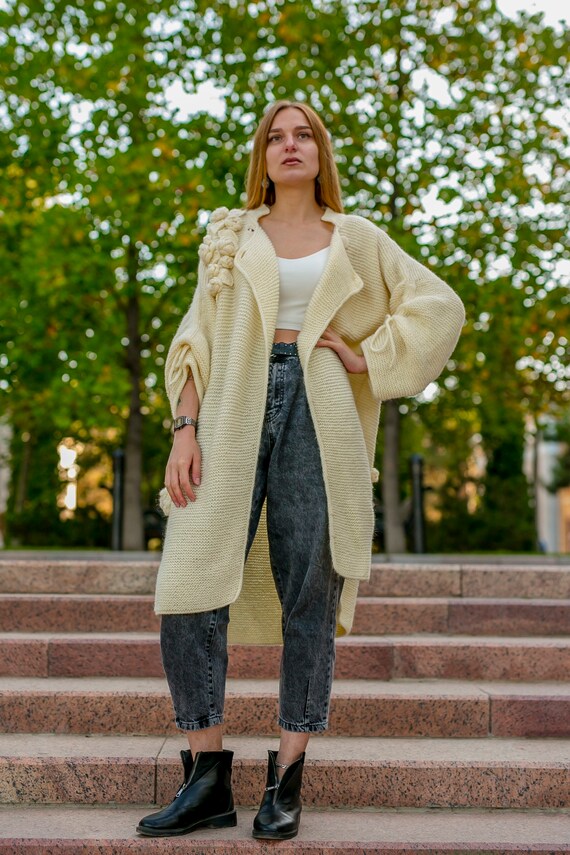 Milk Color Handmade Boho Coat Knitted Coat Womens Clothing - Etsy
