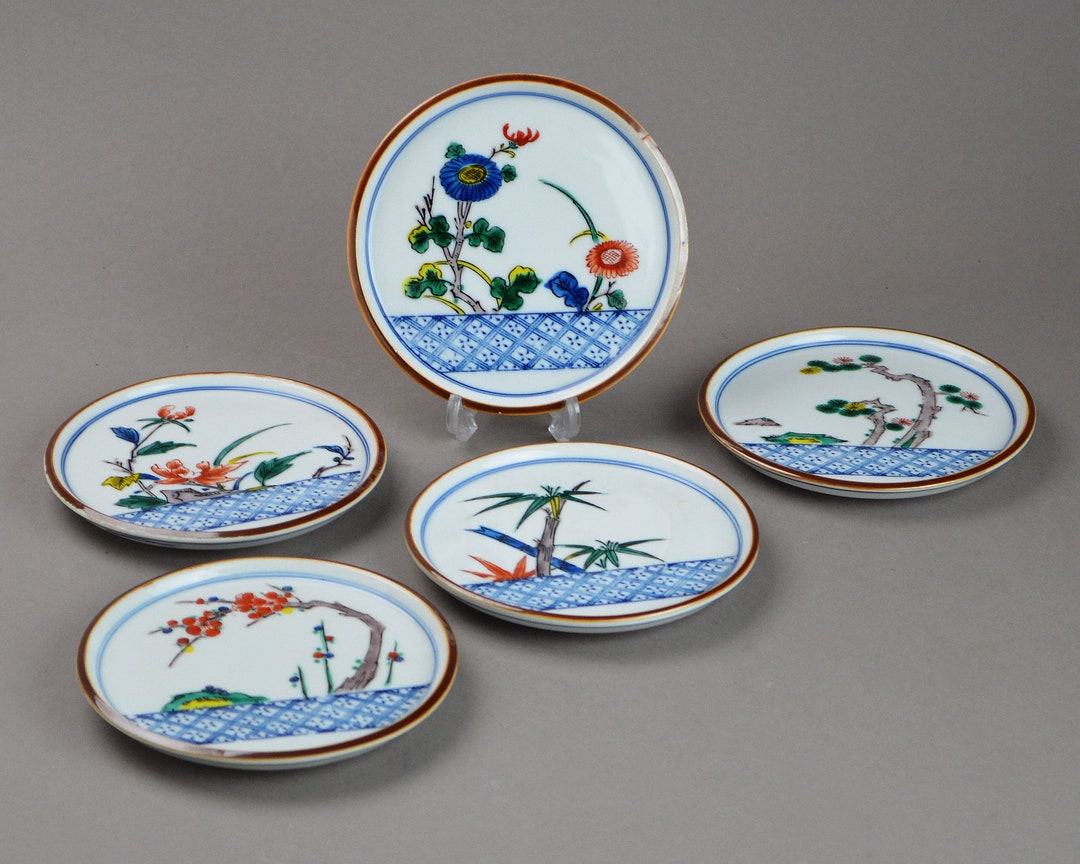 Japanese Vintage Kutani Porcelain Plates Signed Hozan Dish China Small ...