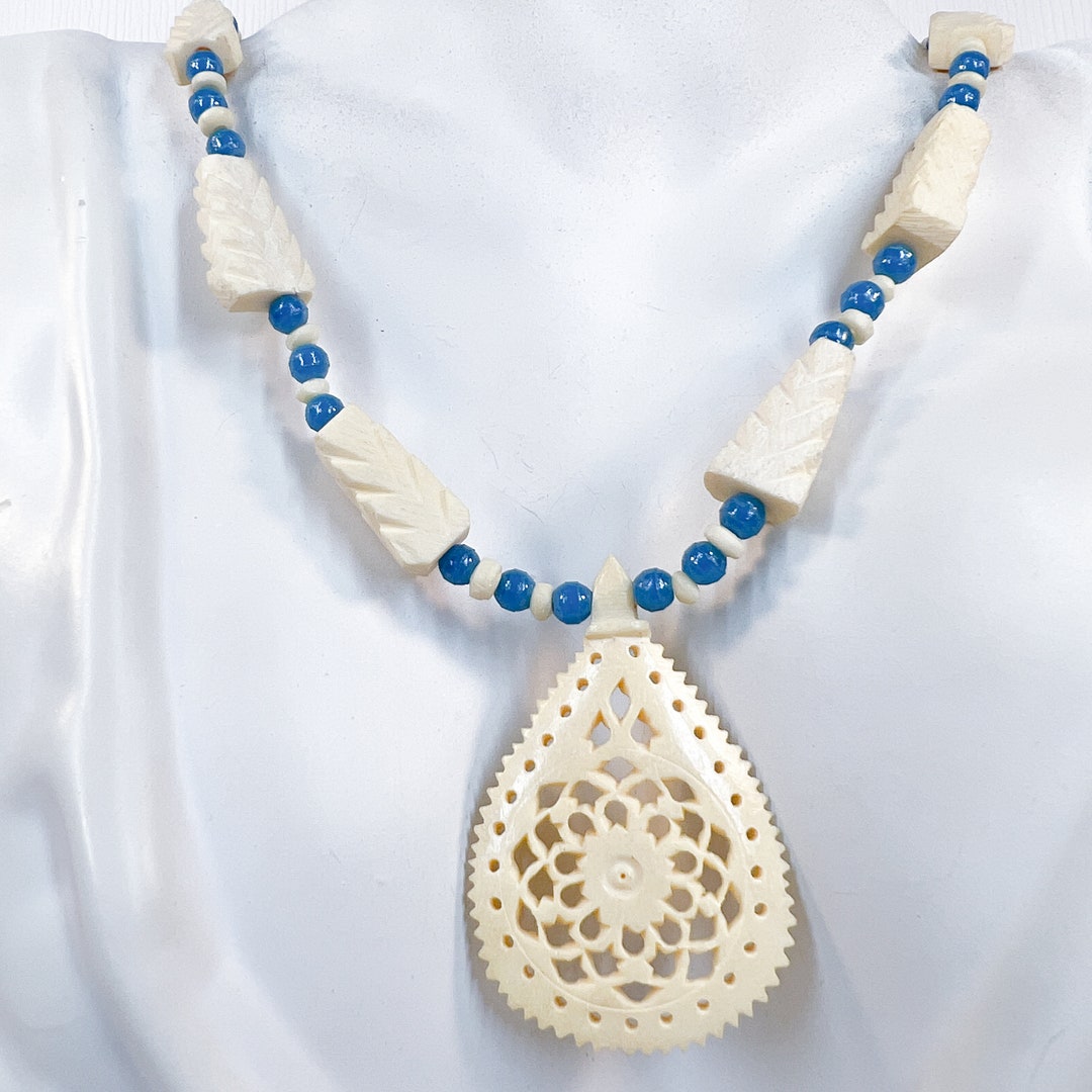 Vintage Carved Celluloid Necklace Blue & Beige Beads Floral Teardrop ...