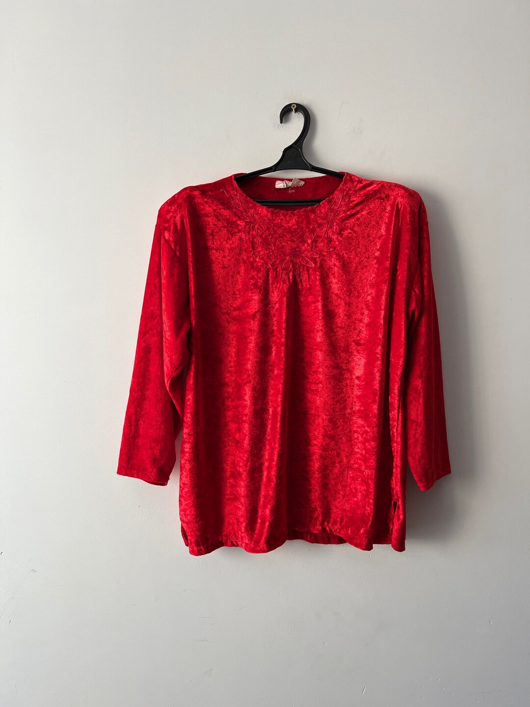 Vintage Bright Red Embroidered Velvet Blouse Long Sleeve Velvet Top ...
