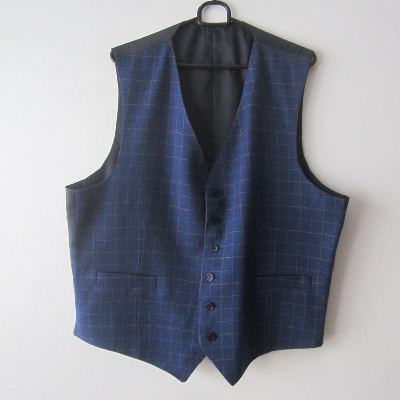 Vintage Linen Blend Plaid Gentleman's Vest Blue Checkered Fitted ...