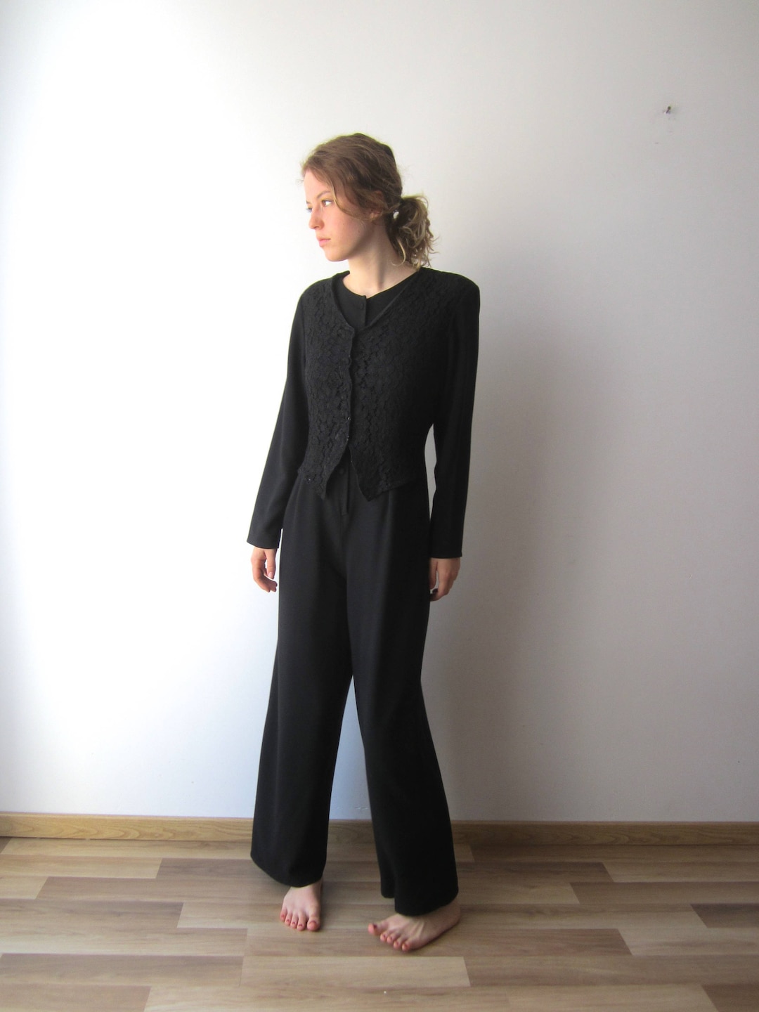 Vintage 80's Black Evening Overalls Long Sleeve Wide Leg Rompers Disco ...