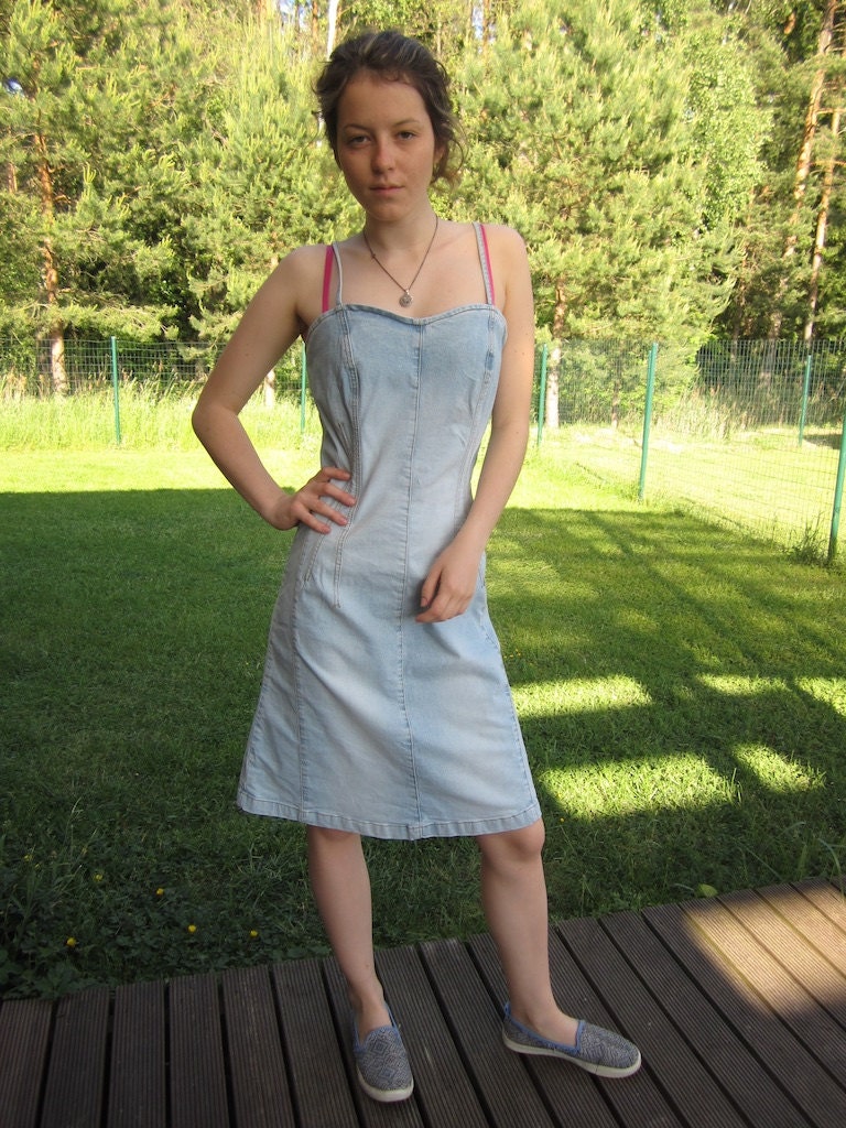 Vintage Light Blue Denim Dress Spaghetti Straps Denim Jeans Dress Pale Light Blue Jean Sexy