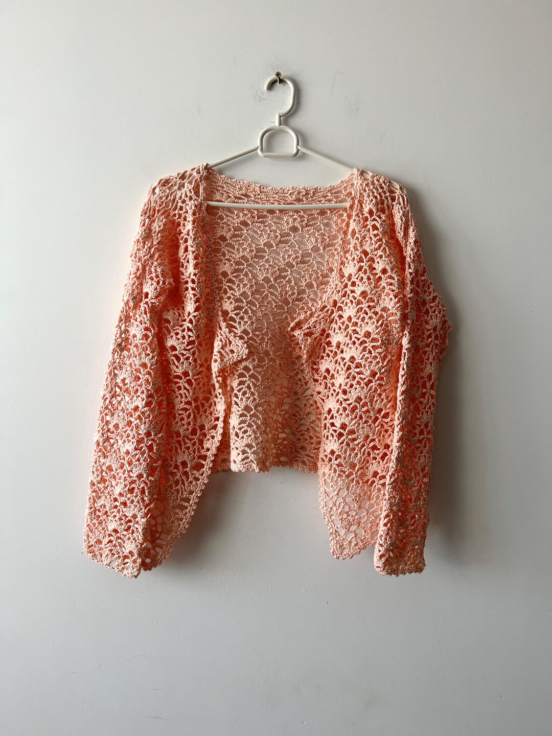 Vintage Hand Crocheted Cardigan Women's Pale Peach Cardigan Long Sleeve ...