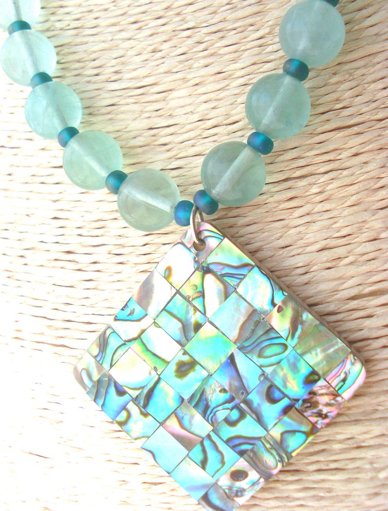 Abalone Pendant Necklace, Gemstone Necklace, Teal Beaded Necklace ...