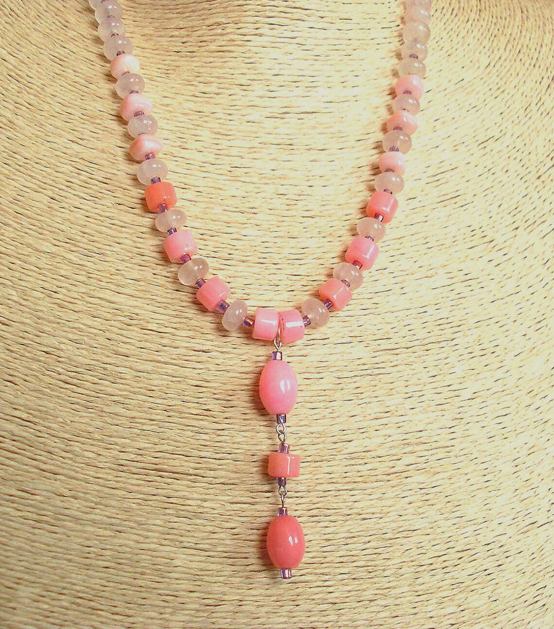 Pink Jade Necklace, Gemstone Beaded Necklace, Rose Quartz, Pink Shell ...
