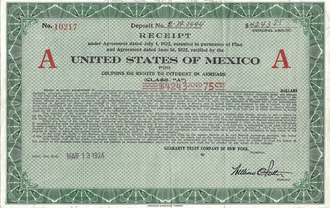 1924 United States of Mexico Certificate of Receipt for Interest and ...