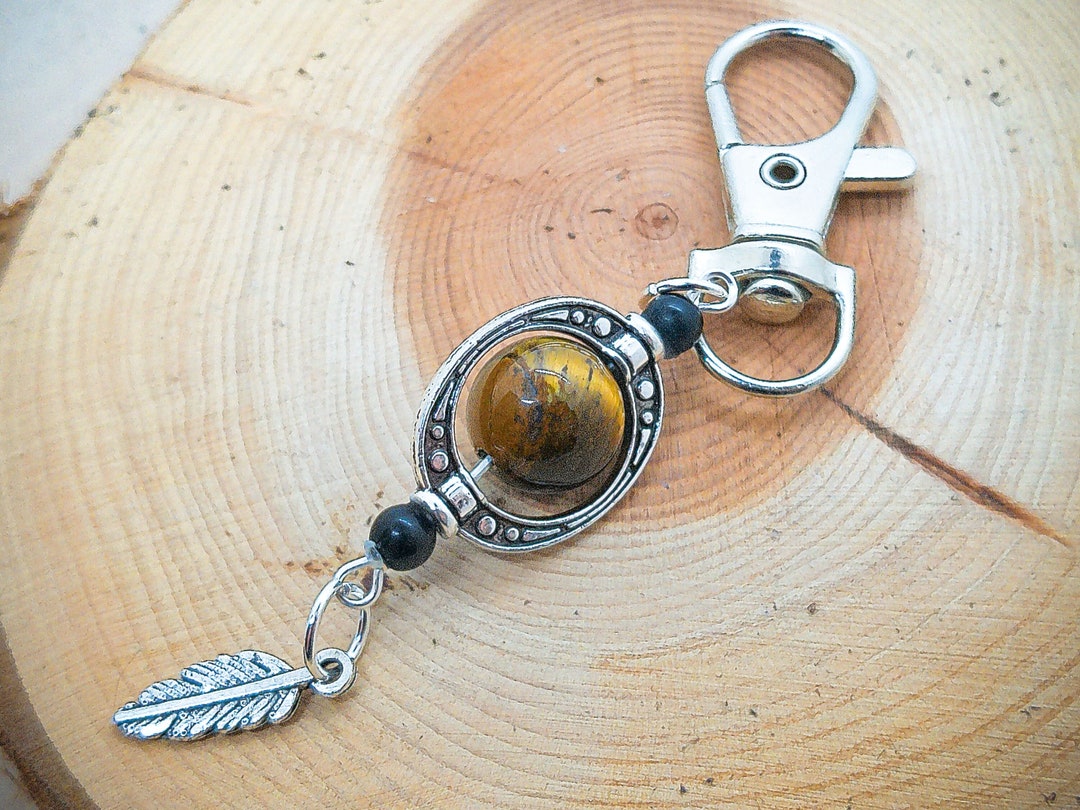 Tiger Eye Key Chain With Two Onyx Beads, and a Silver Metal Charm Great ...