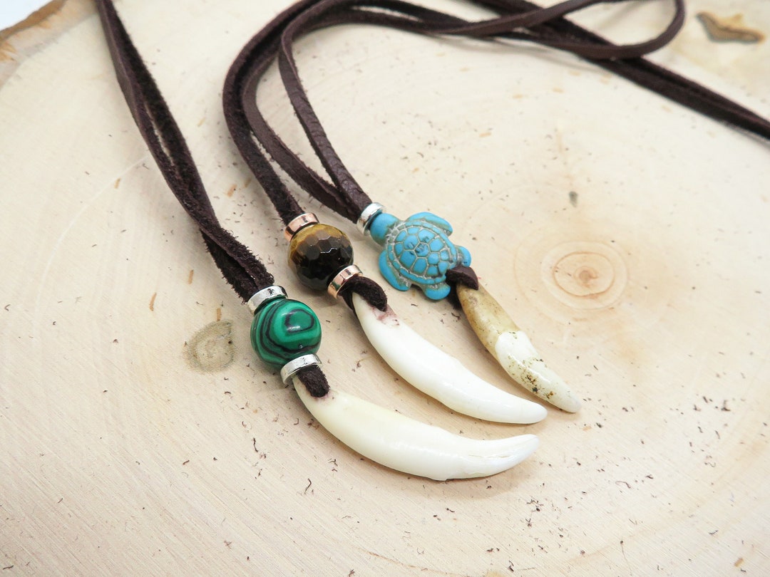 Real Wolf Tooth Pendant Necklace With Either Tiger Eye, Malichite, or ...