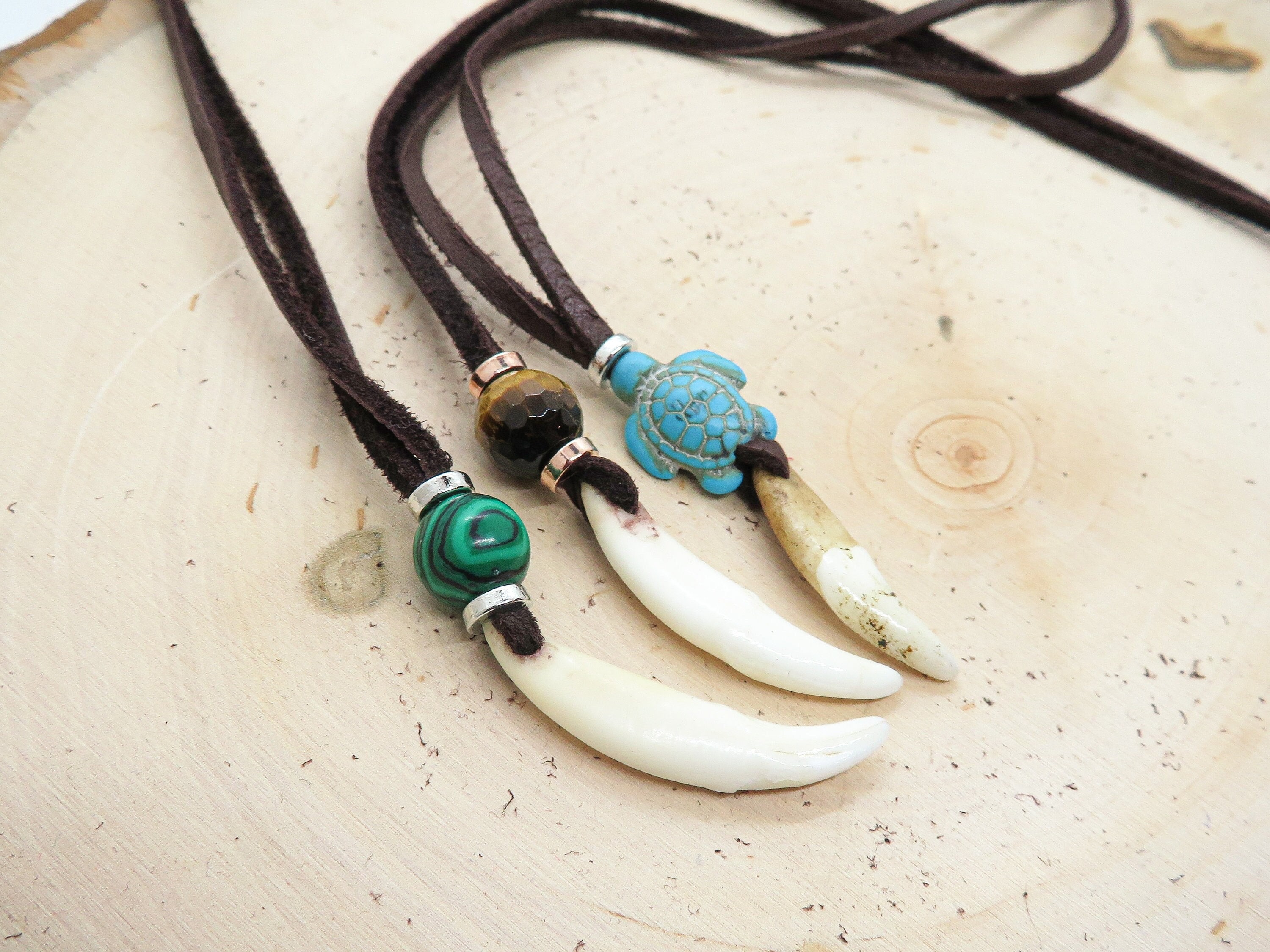 Real Wolf Tooth Pendant Necklace With Either Tiger Eye, Malichite, or ...