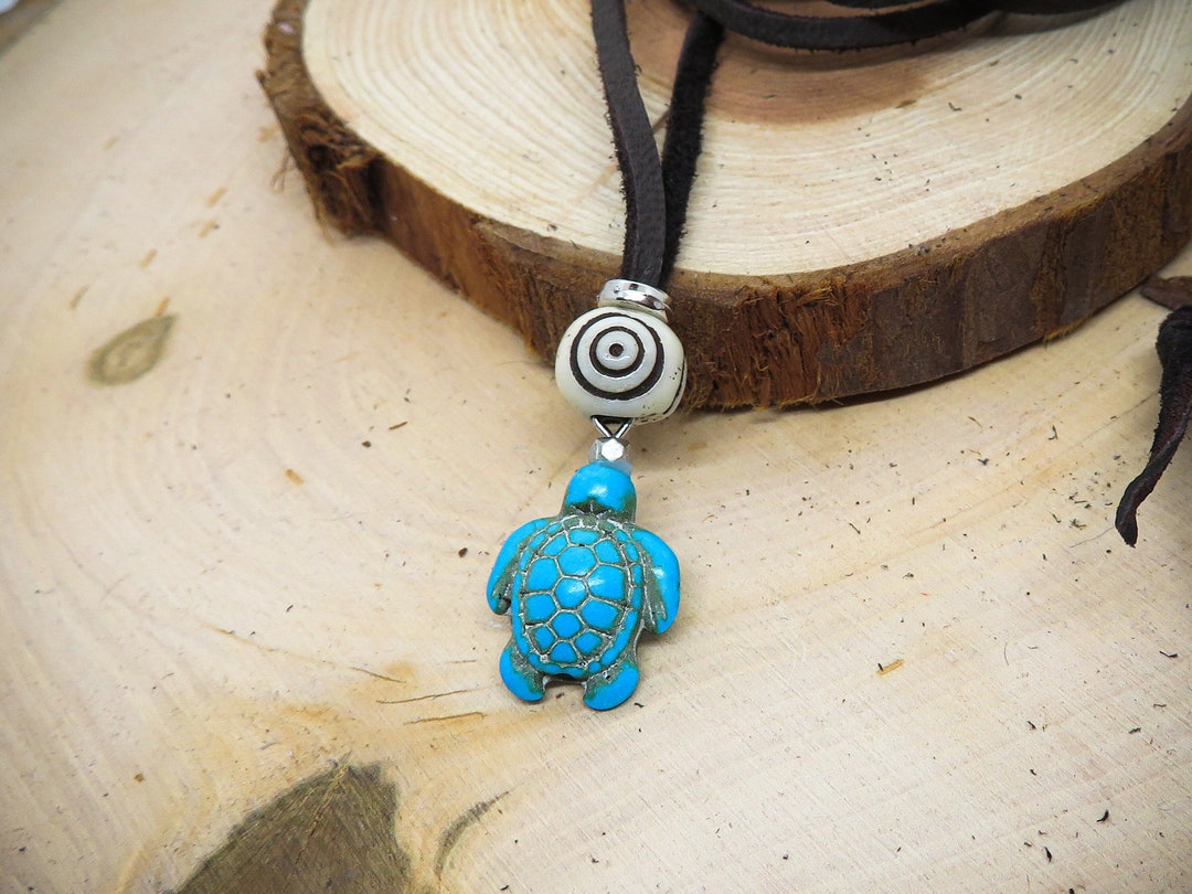 Turquoise Turtle Necklace With Spiral Carved Buffalo Bone Bead Custom ...