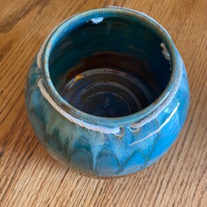 Aqua Blue Wave Stoneware Pot With Brown Base and Cord Accent - Etsy