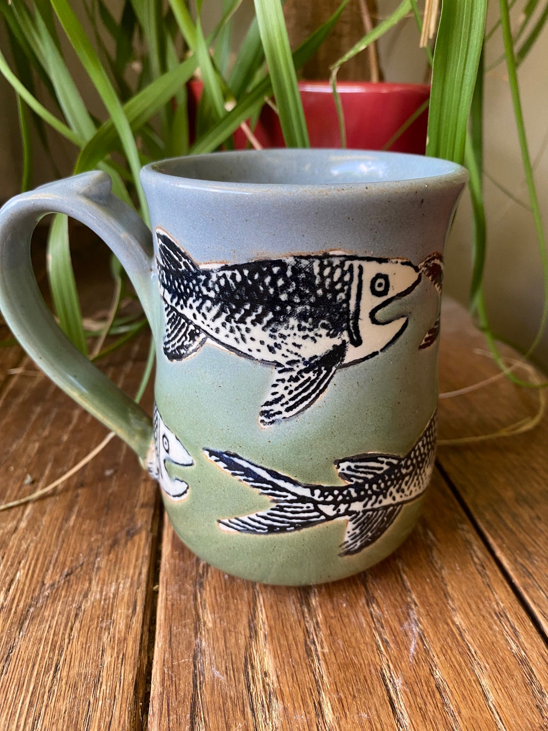 Blue & Green Fish Mug Hand Thrown Stoneware Fisherman Mug - Etsy