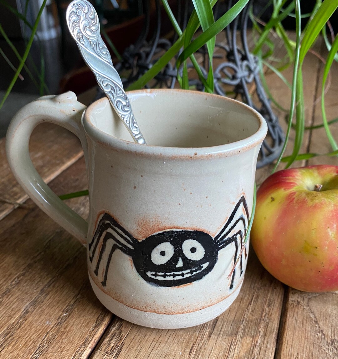 Halloween SALE Stoneware Spider Coffee Cups Hand Thrown in Cream Glaze ...
