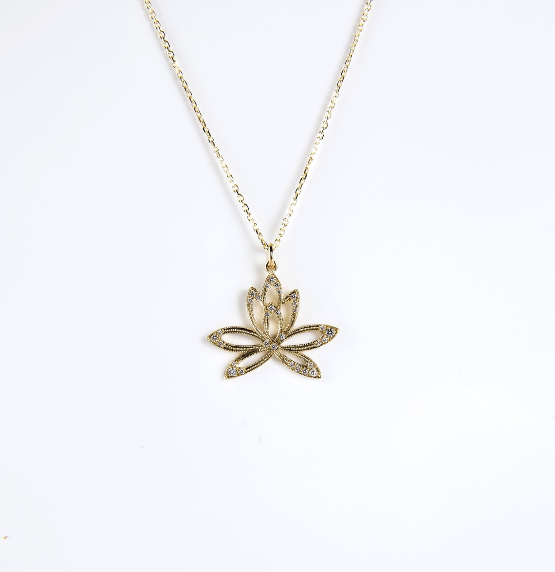 Diamond Lotus Necklace 14K Solid Gold Dainty Flower Pendant - Etsy