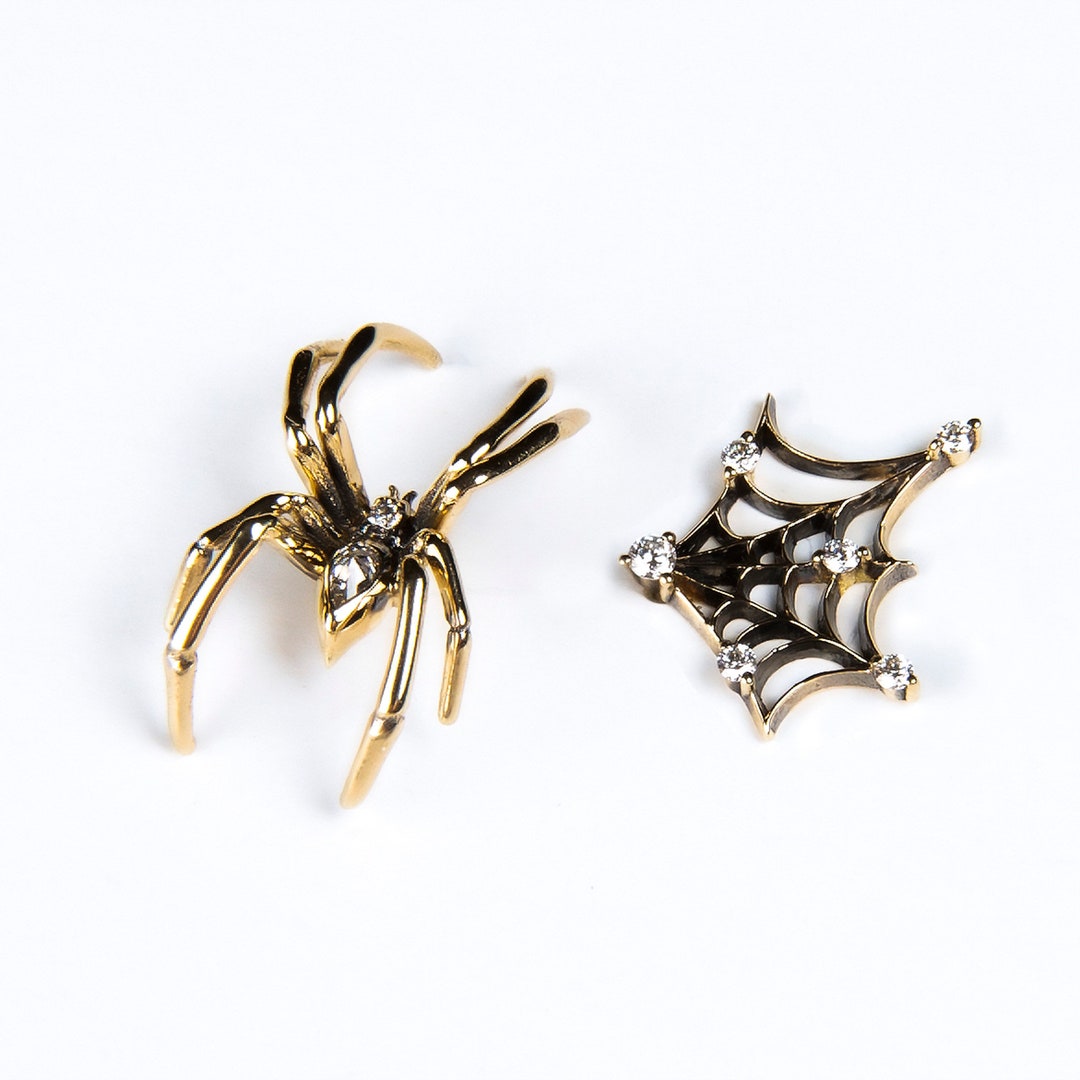 Diamond Spider & Web Earrings: 14K Gold Mismatched Halloween Jewelry - Etsy