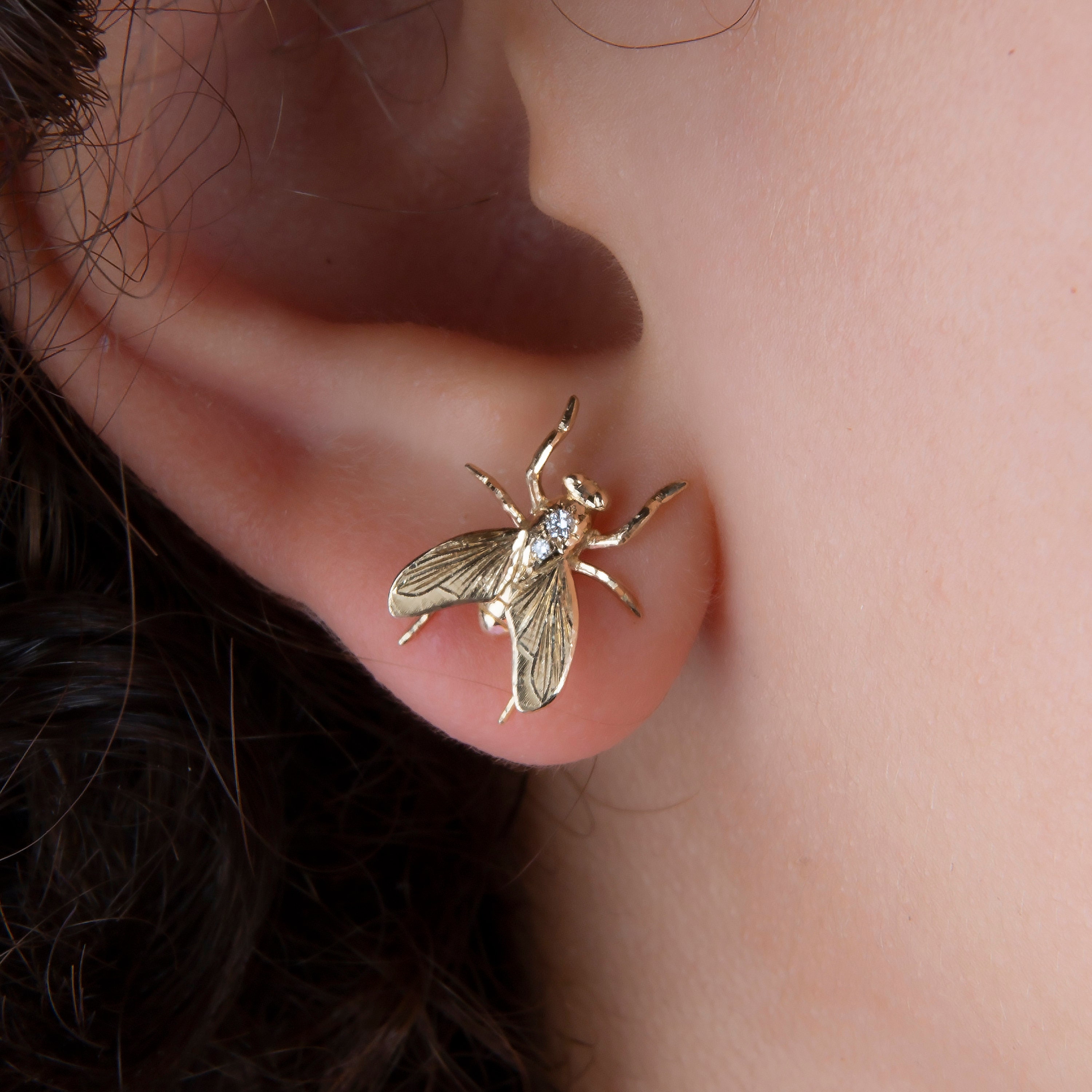 Realistic Solid Gold Fly Stud With Diamonds, Insect Bug Post Earring ...