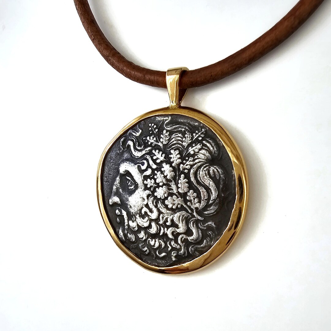 Gold & Silver Zeus Coin Necklace: Ancient Greek Museum Replica, Leather ...