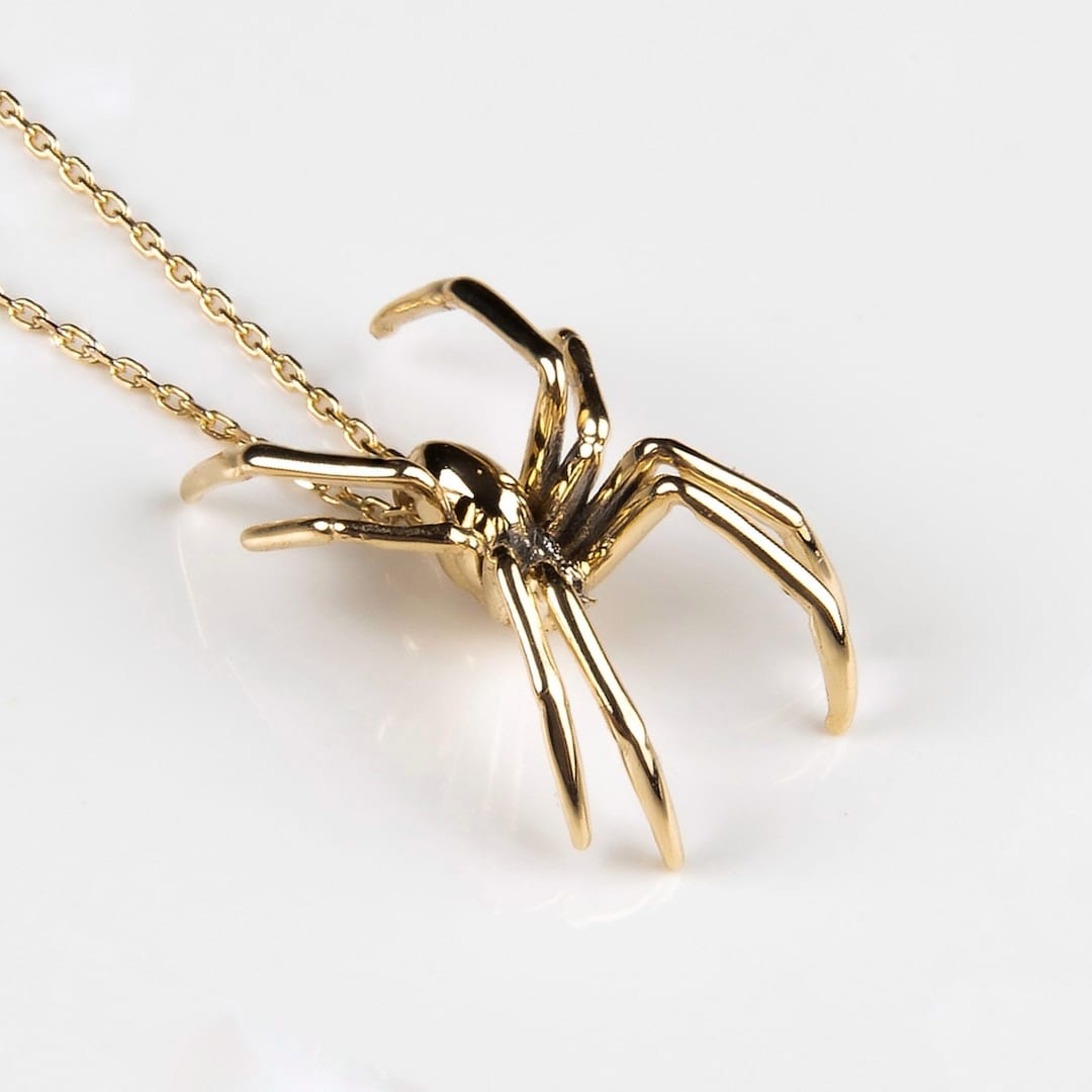 14K Solid Gold Spider Necklace, Halloween Jewelry, Insect Pendant, Bug ...