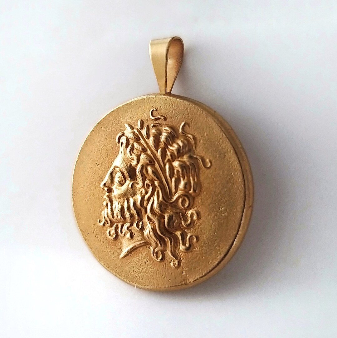 Solid Gold Laureate Head of Zeus Pendant, Replica of Ancient Greek Coin ...