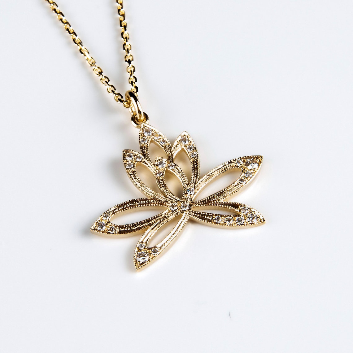 Diamond Lotus Necklace 14K Solid Gold Dainty Flower Pendant - Etsy