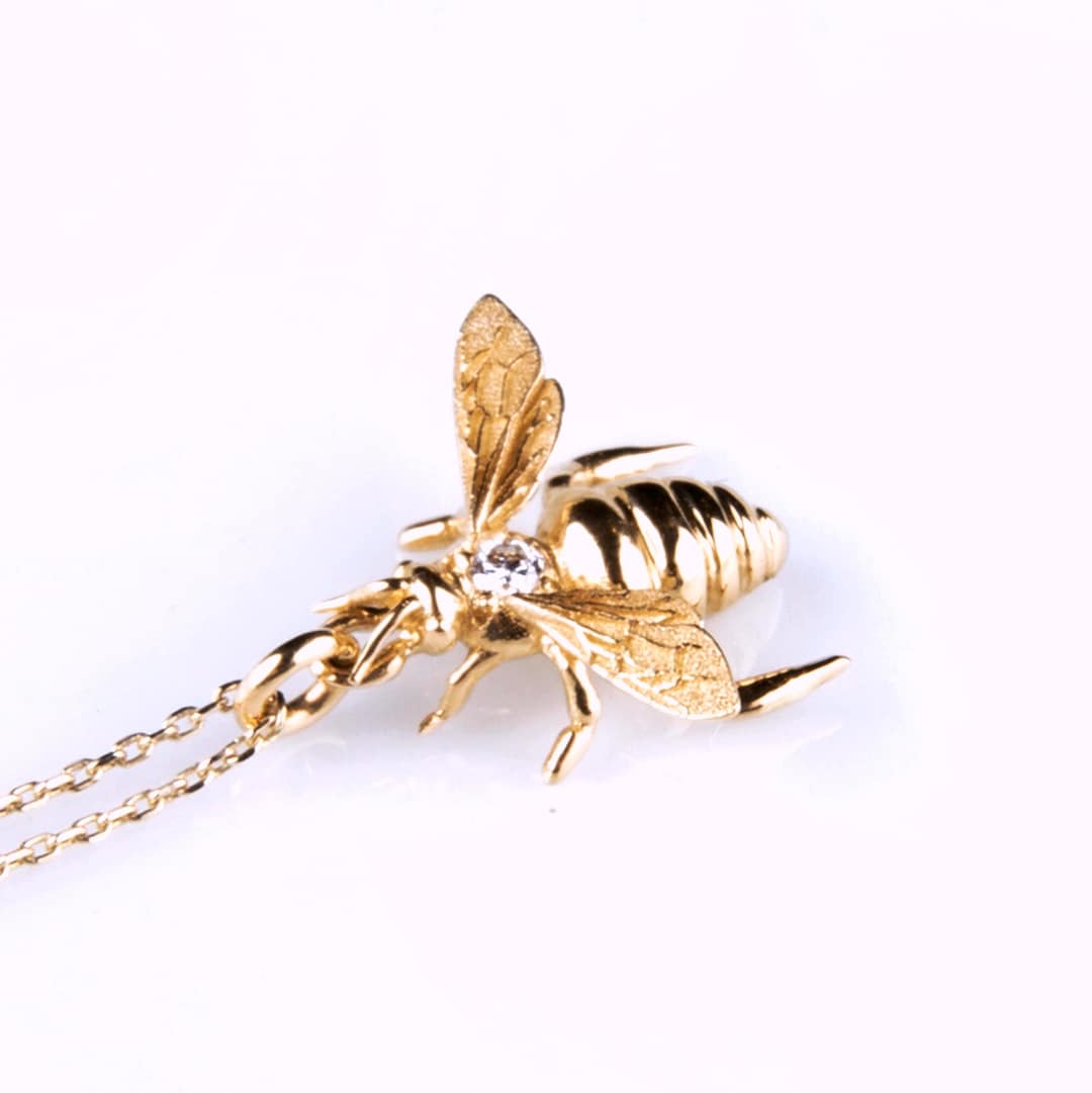 Gold Bee Necklace With Diamond Honey Bee Necklace Bumble Bee Charm ...