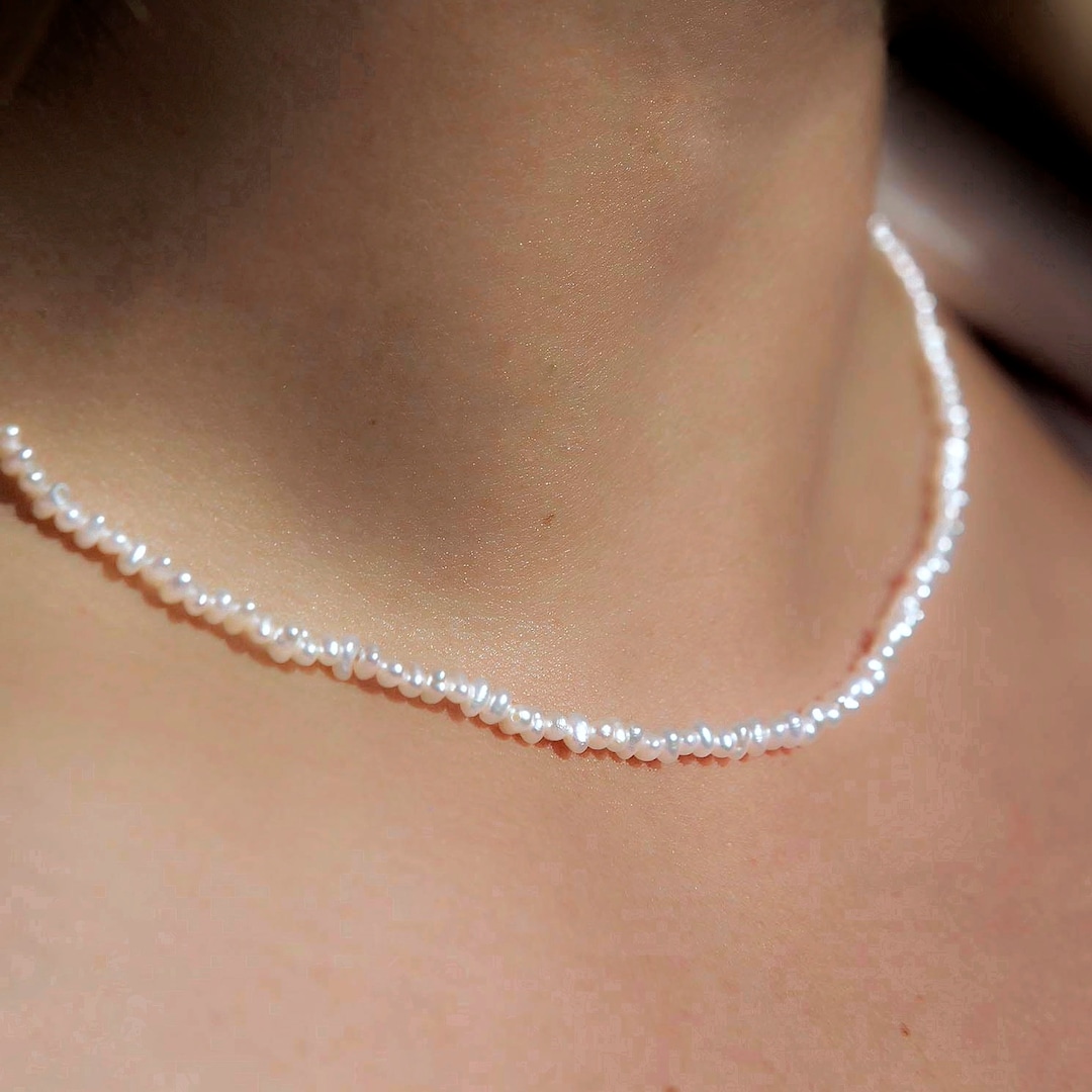 Freshwater Seed Pearl Necklace With 14K Solid Gold Clasp, Minimalist ...