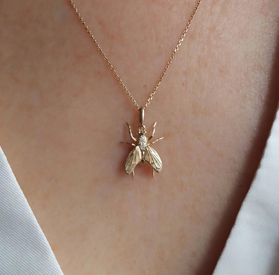 14K Gold Fly Necklace With Natural Diamonds Handmade Solid Gold Fly Bug ...