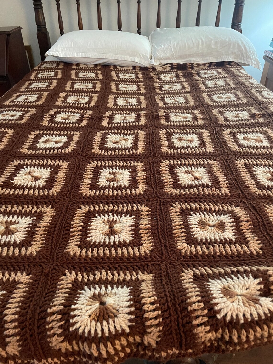 Vintage Hand-crocheted/knitted Brown and off White Afghan Blanket/throw ...