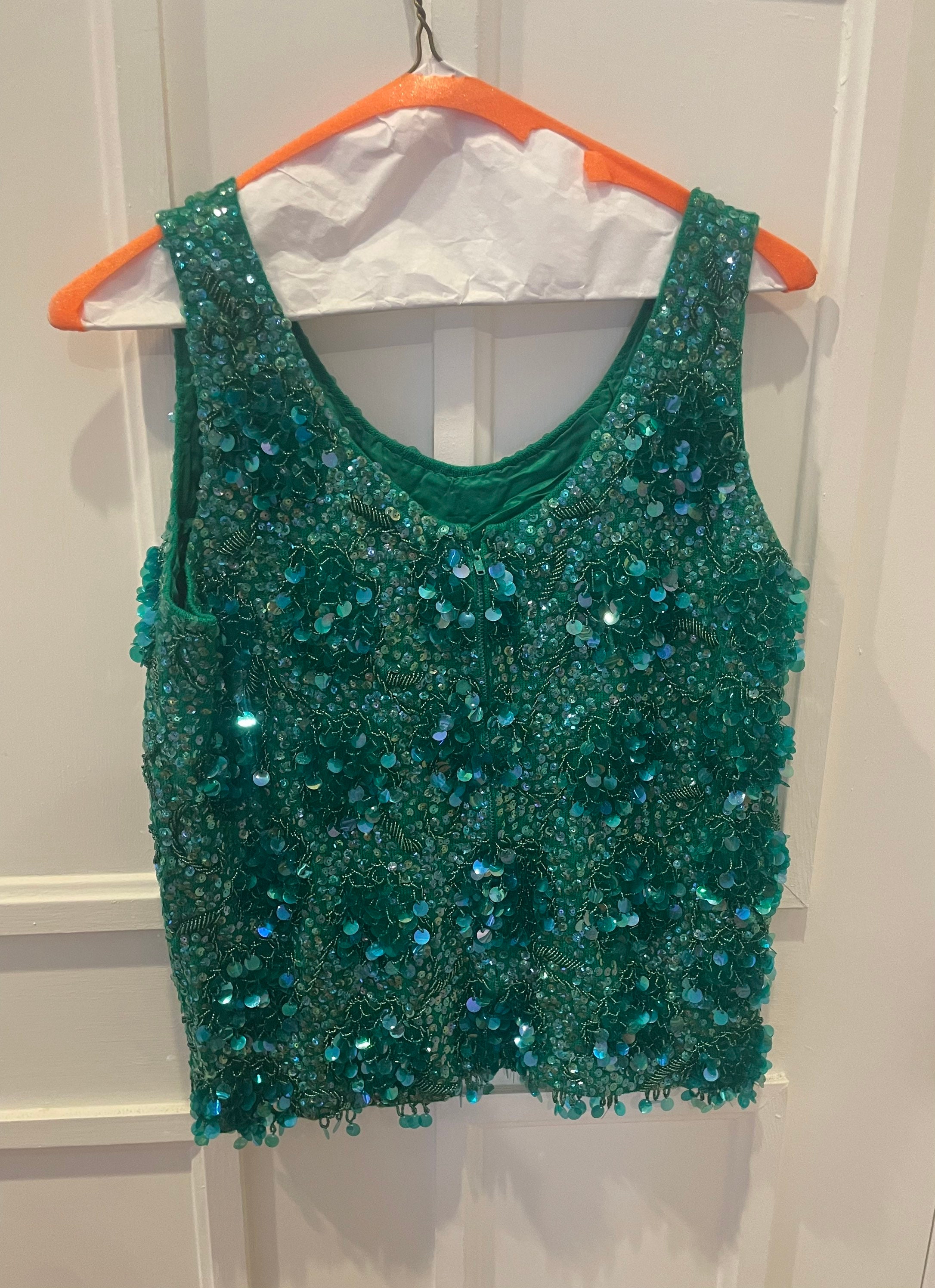Vintage Green Sequin Top Handmade in British Hong Kong Size M - Etsy