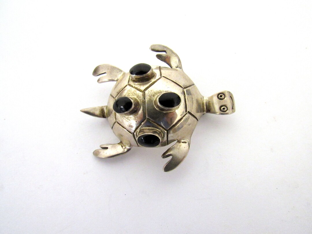 Mexico Sterling Silver Turtle Brooch Pin Black Onyx Stone - Etsy